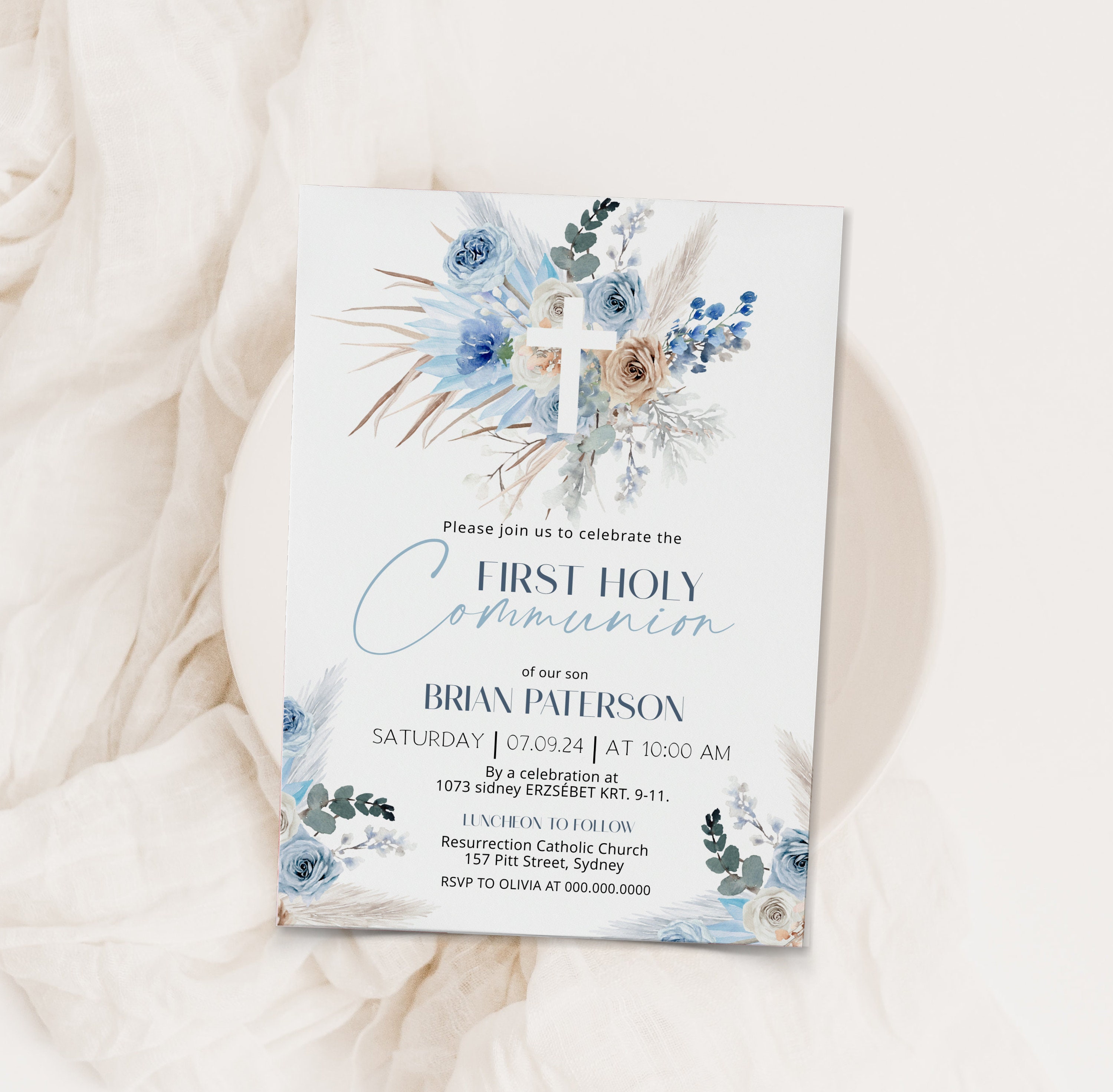 Pampas Grass 1st Holy Communion Invite Template, 1st Holy Communion ...