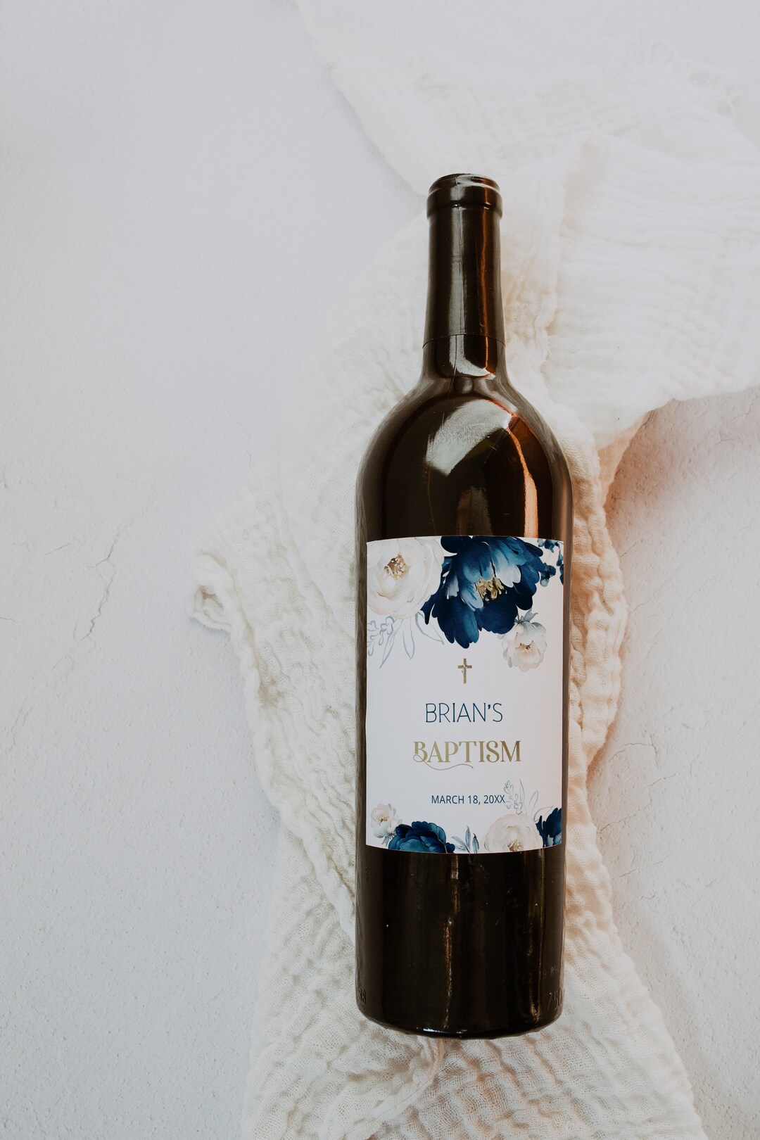 Blue Flowers Baptism Wine Labels Template, Editable Christening Wine ...