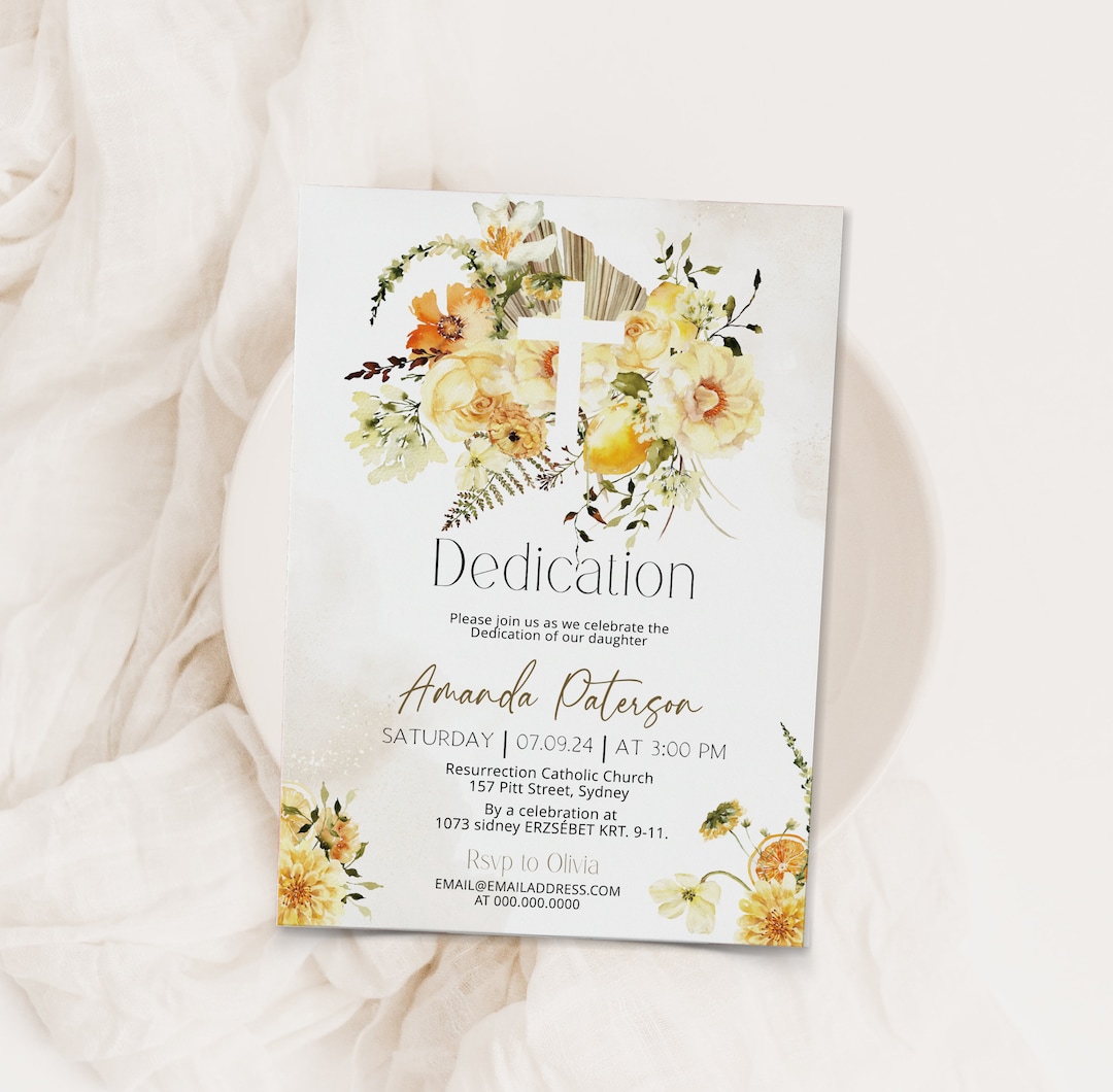 Yellow Flower Dedication Invitation Template, Editable Gender Neutral ...
