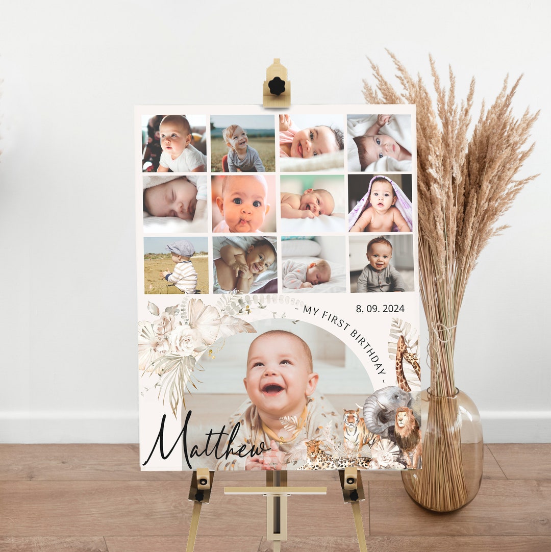 Boho Safari Birthday Photo Collage, First Birthday Photo Poster, Jungle ...