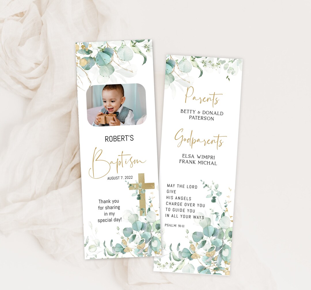 Eucalyptus Baptism Bookmark With Photo, Baptism Bookmark Favor Template ...