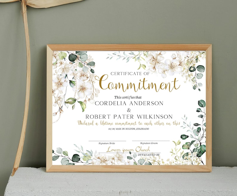 Editable Certificate of Commitment, Greenery Certificate Keepsake ...