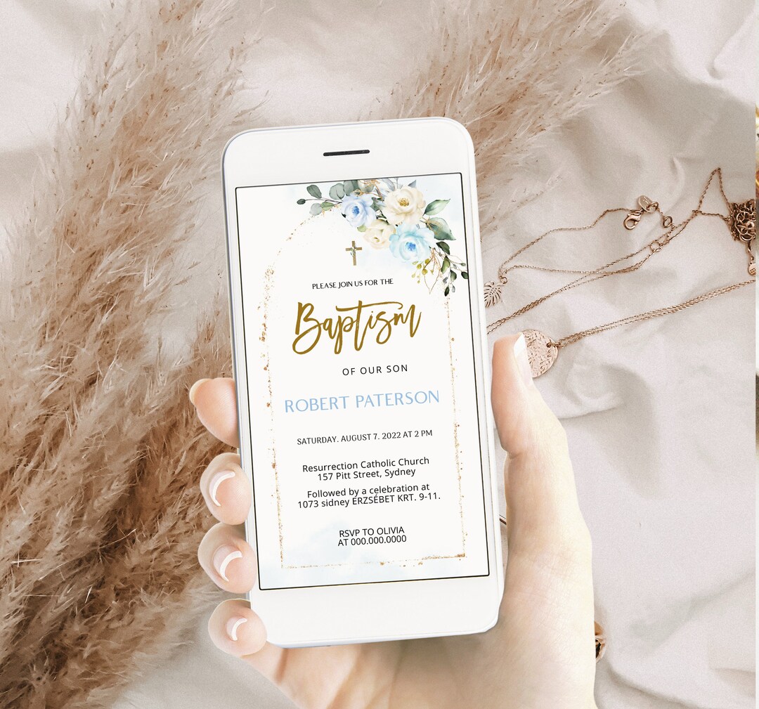 LDS Baptism Boy Evite, Baptism Invitation Template Blue Roses, Printable First Holy Communion ...