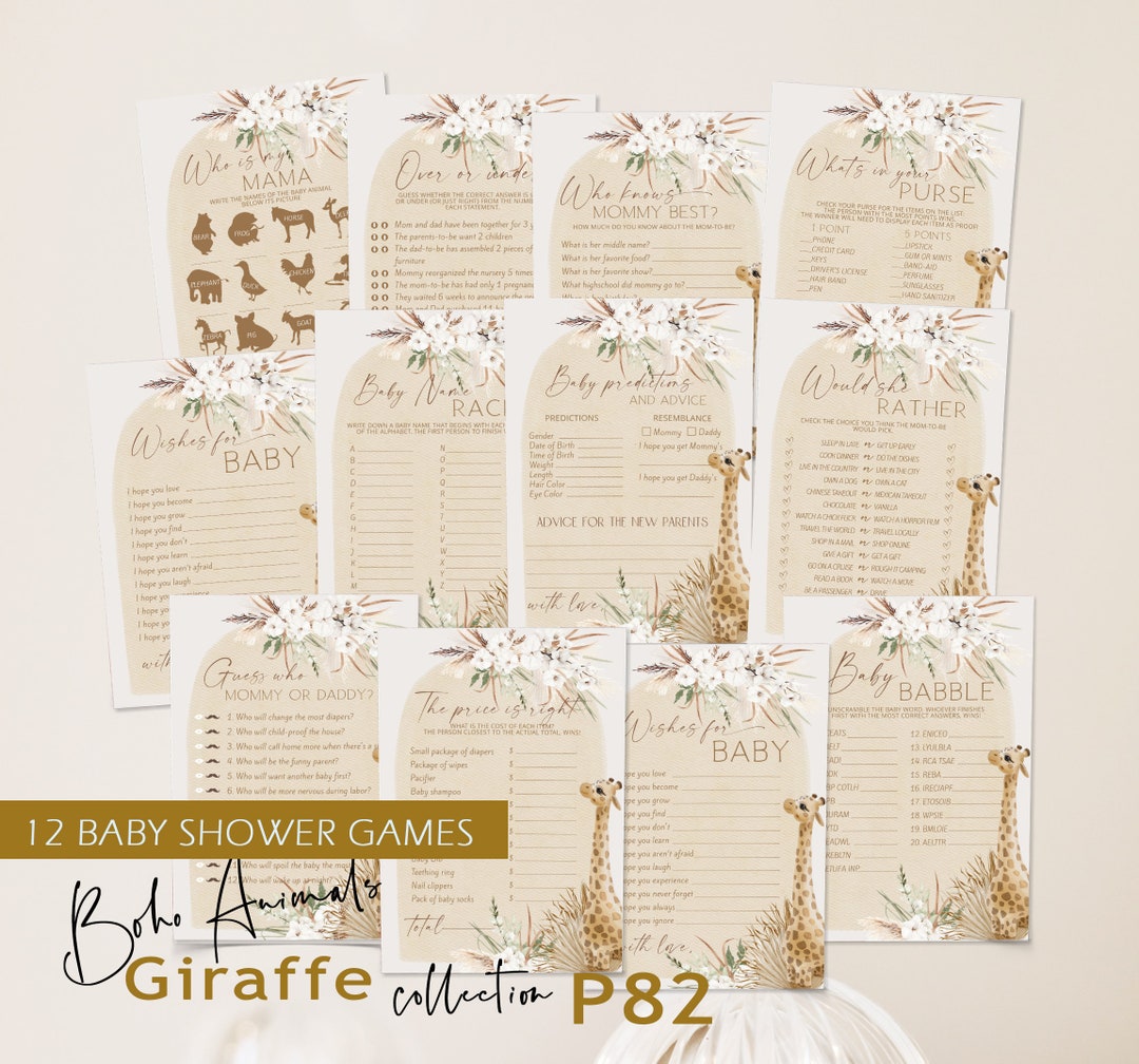 Boho Giraffe Baby Shower Games Bundle Template, Safari Baby Shower ...