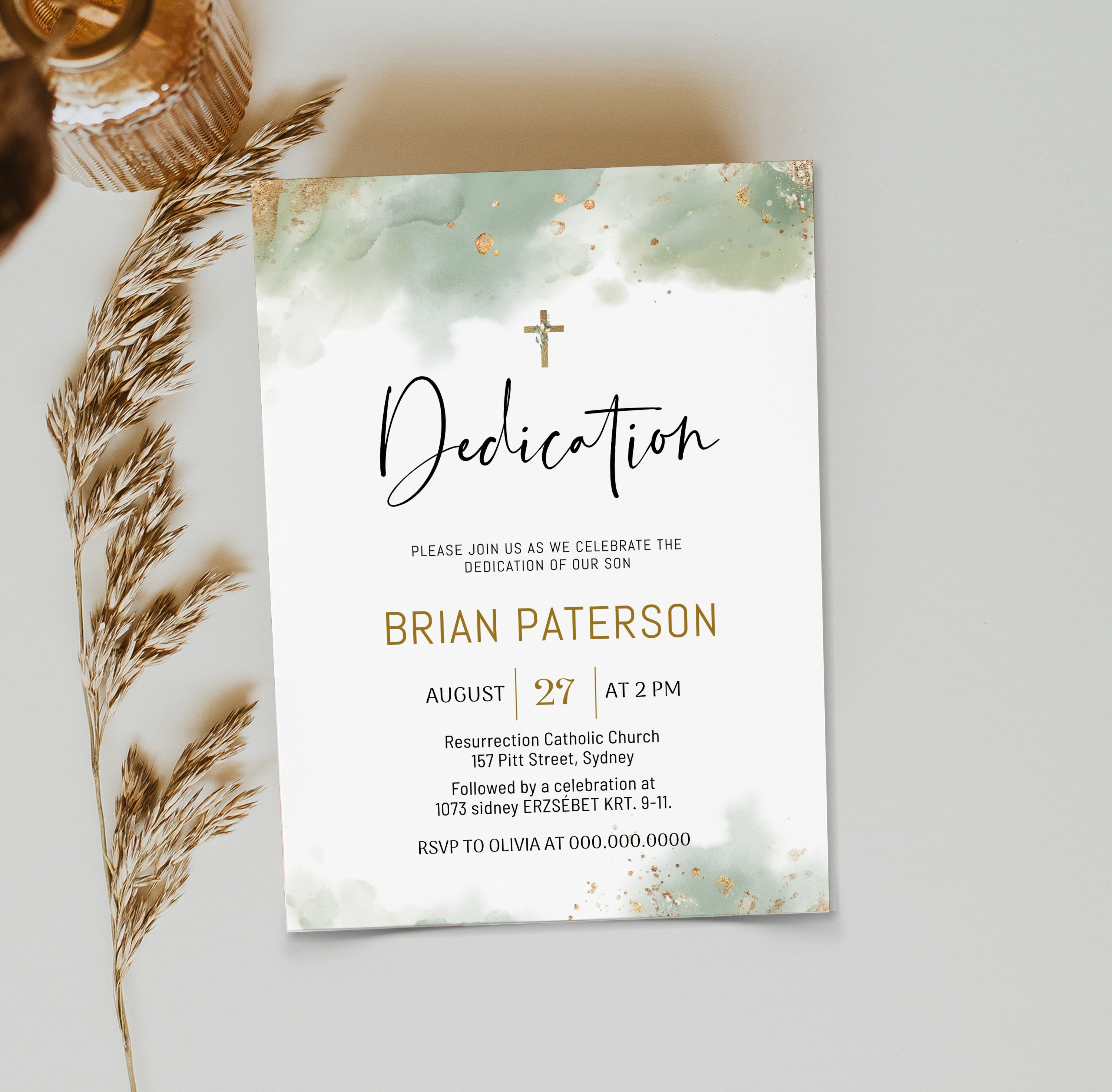 Sage Green Gold Dedication Invitation Template Dedication - Etsy