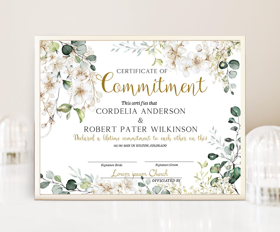 Editable Certificate of Commitment, Greenery Certificate Keepsake ...