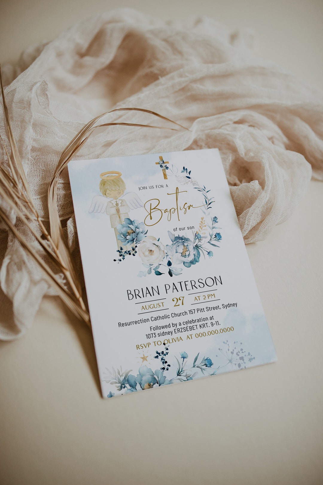 Blue Gold Baptism Invitation Template, Angel Christening Invitation ...