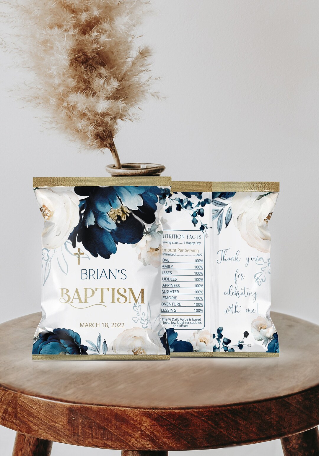 Blue Flowers Baptism Chip Bag Template, Editable Blue Gold Baptism ...