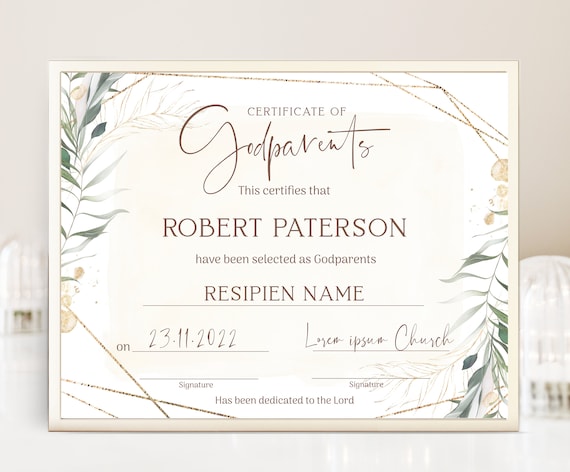 Godparents Baptism Certificate Editable Greenery Baptism - Etsy
