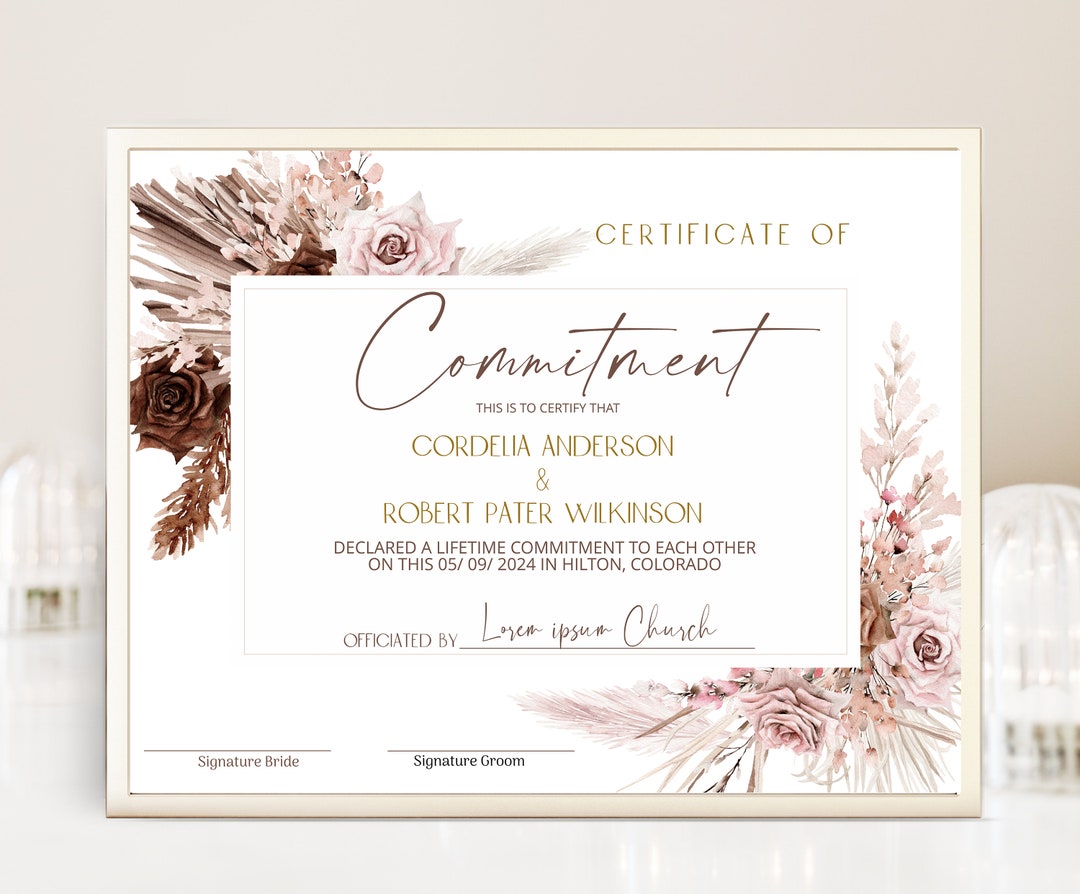 Boho Certificate of Commitment Template, Editable Wedding Day ...