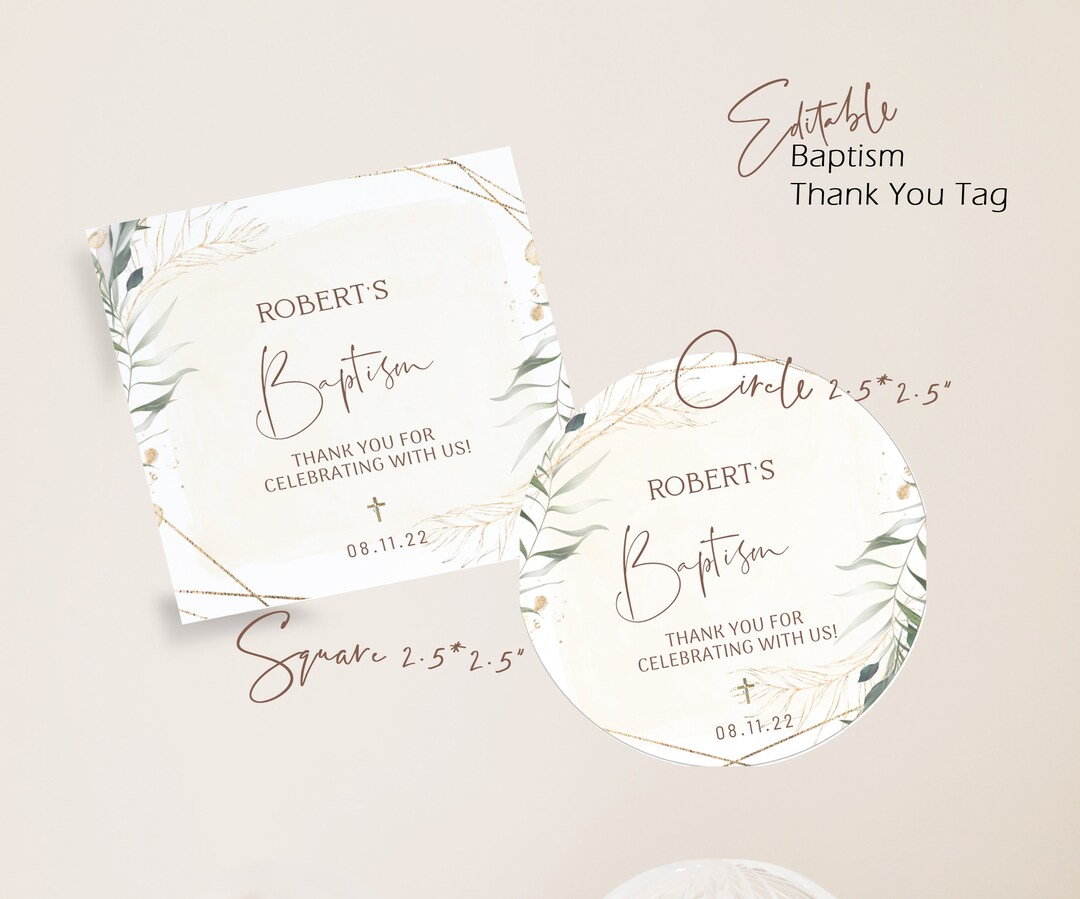 Greenery Baptism Favor Tag Template, Round Thank You Stickers, Gold ...