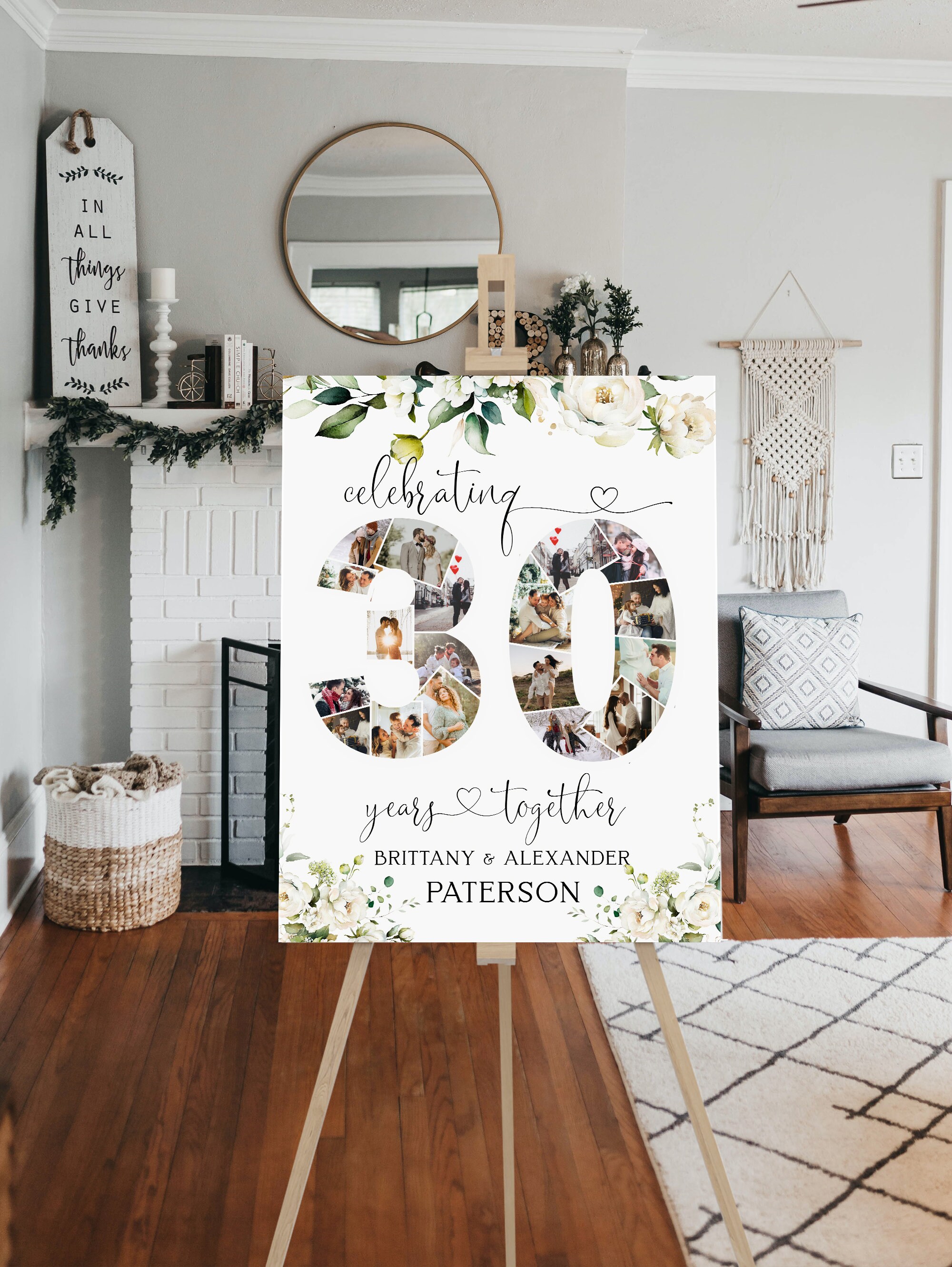 Greenery 30th Anniversary Photo Collage, Printable Poster, White ...