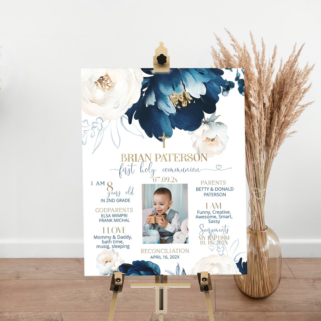 First Holy Communion Milestone Sign Template, Editable Blue Gold ...
