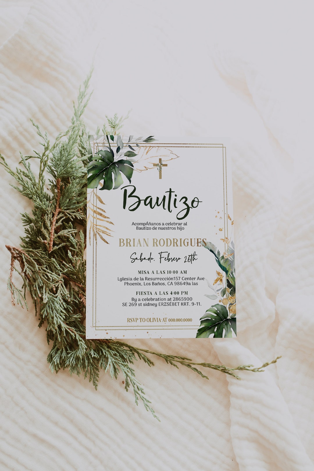 Invitación De Bautizo, Mi Bautizo Invitation Template, Monstera Spanish ...
