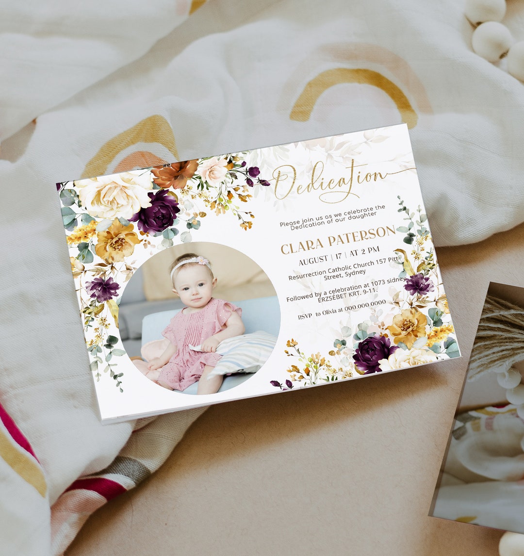 Floral Baptism Invitation Wish Photo, Editable Dedication Invite ...