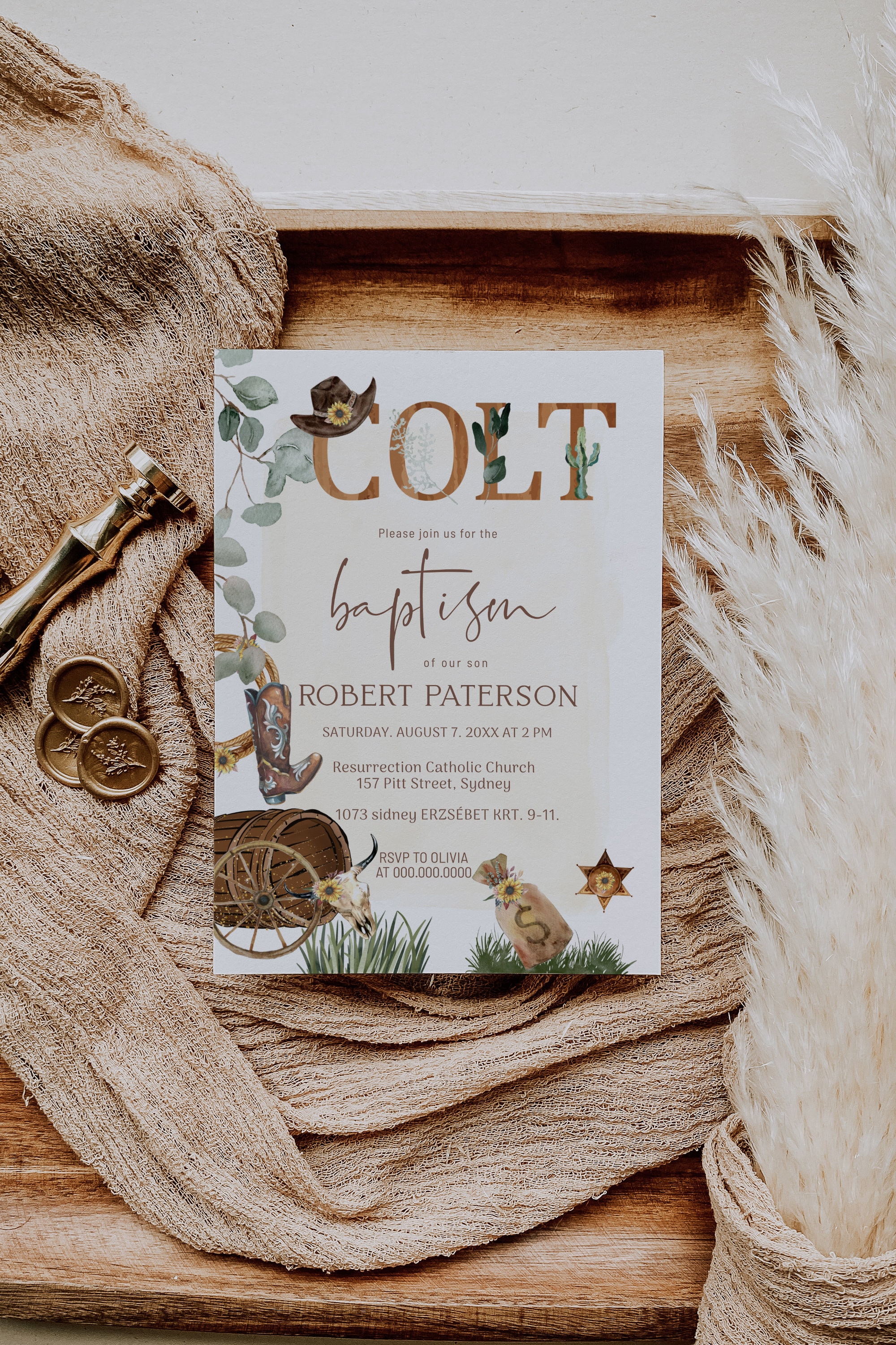 Cowboy Baptism Invitation Template, Boy Boho Baptism Invites, Cowboy ...