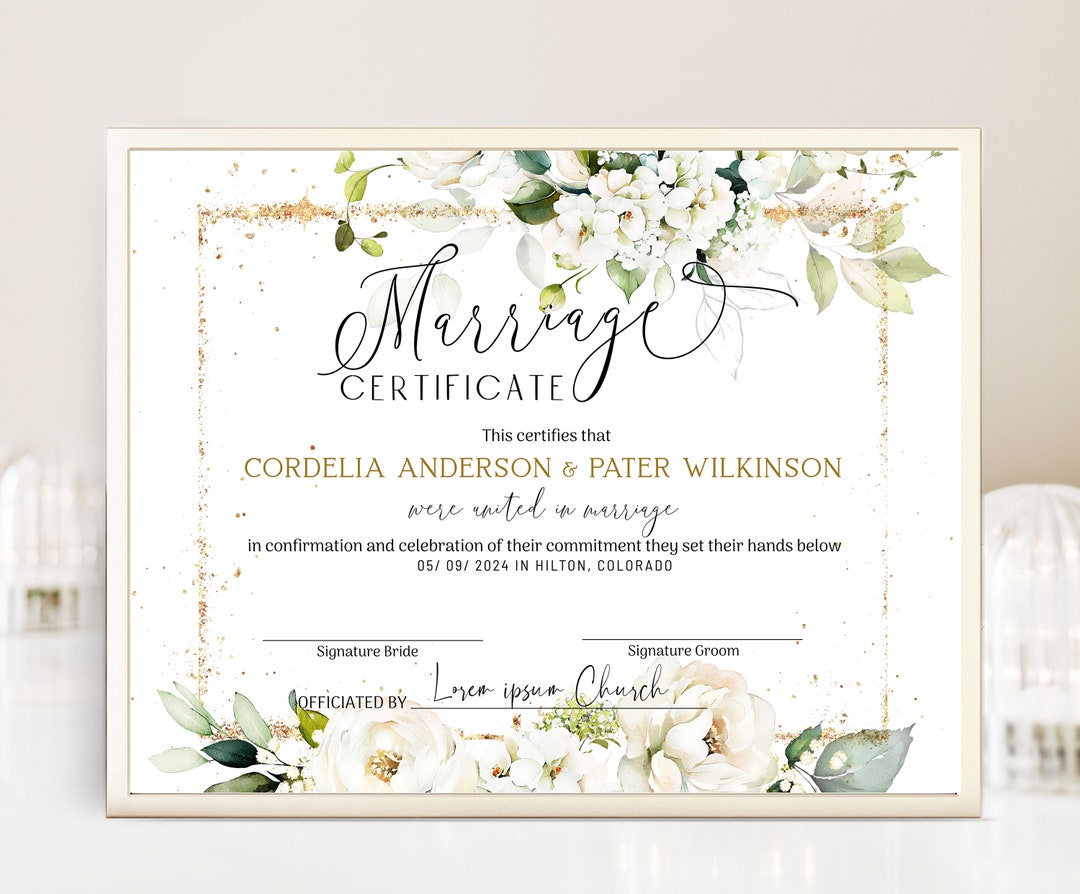 Certificate of Marriage Template, Printable White Green Marriage ...