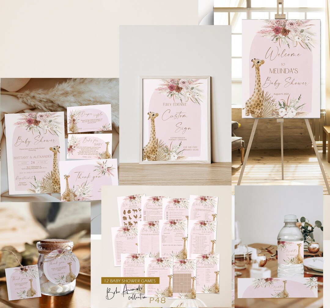 Pink Boho Giraffe Baby Shower Bundle Template, Girl Invitation Set ...