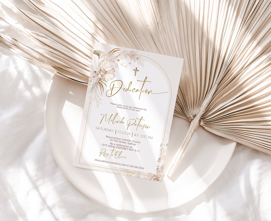 Boho Dedication Invitation, Pampas Grass Christening Invite, Printable ...