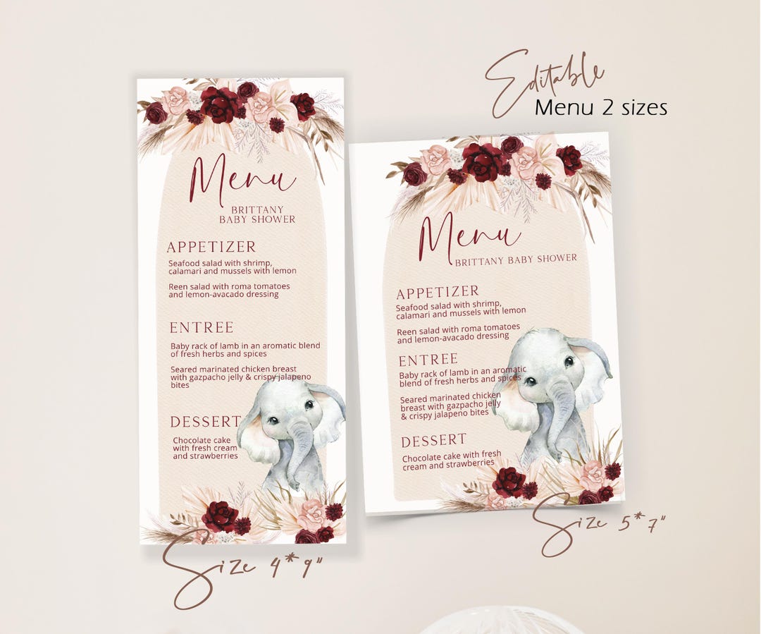 Boho Elephant Menu Card Template, Safari Animal Menu Card, Printable ...