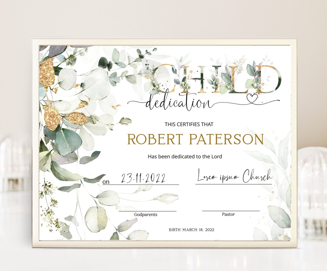 Child Dedication Certificate Template Greenery Dedication - Etsy