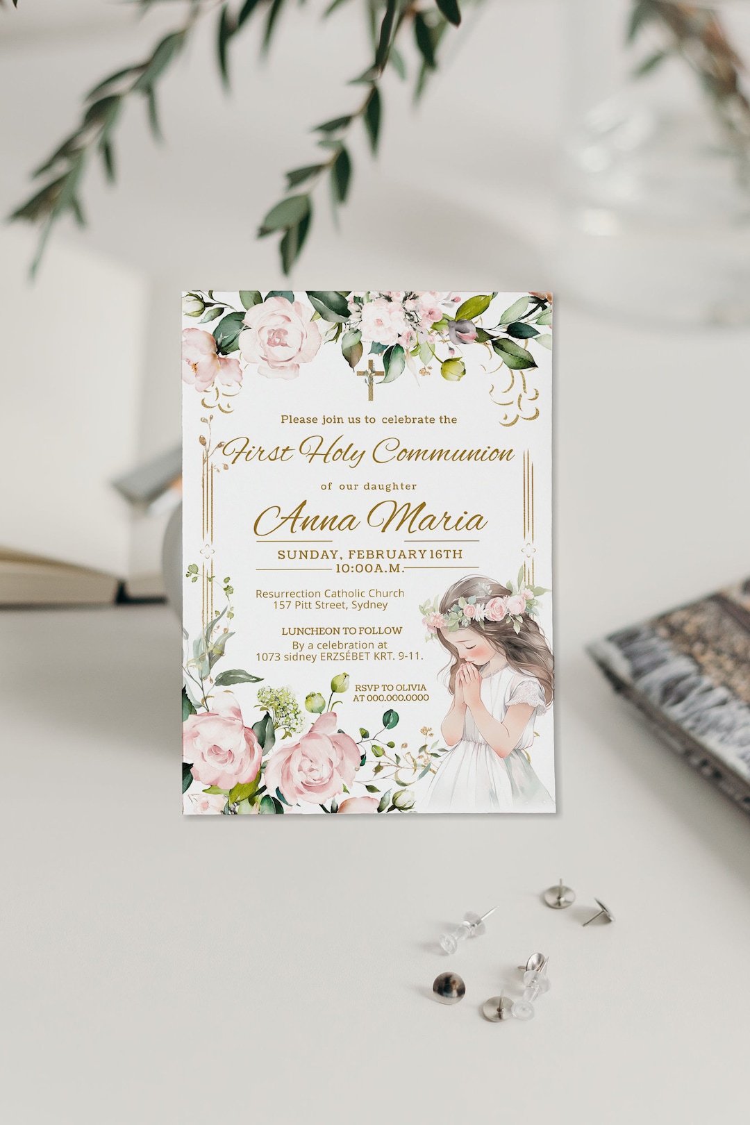 Pink Flowers 1st Holy Communion Invite Template, First Holy Communion ...