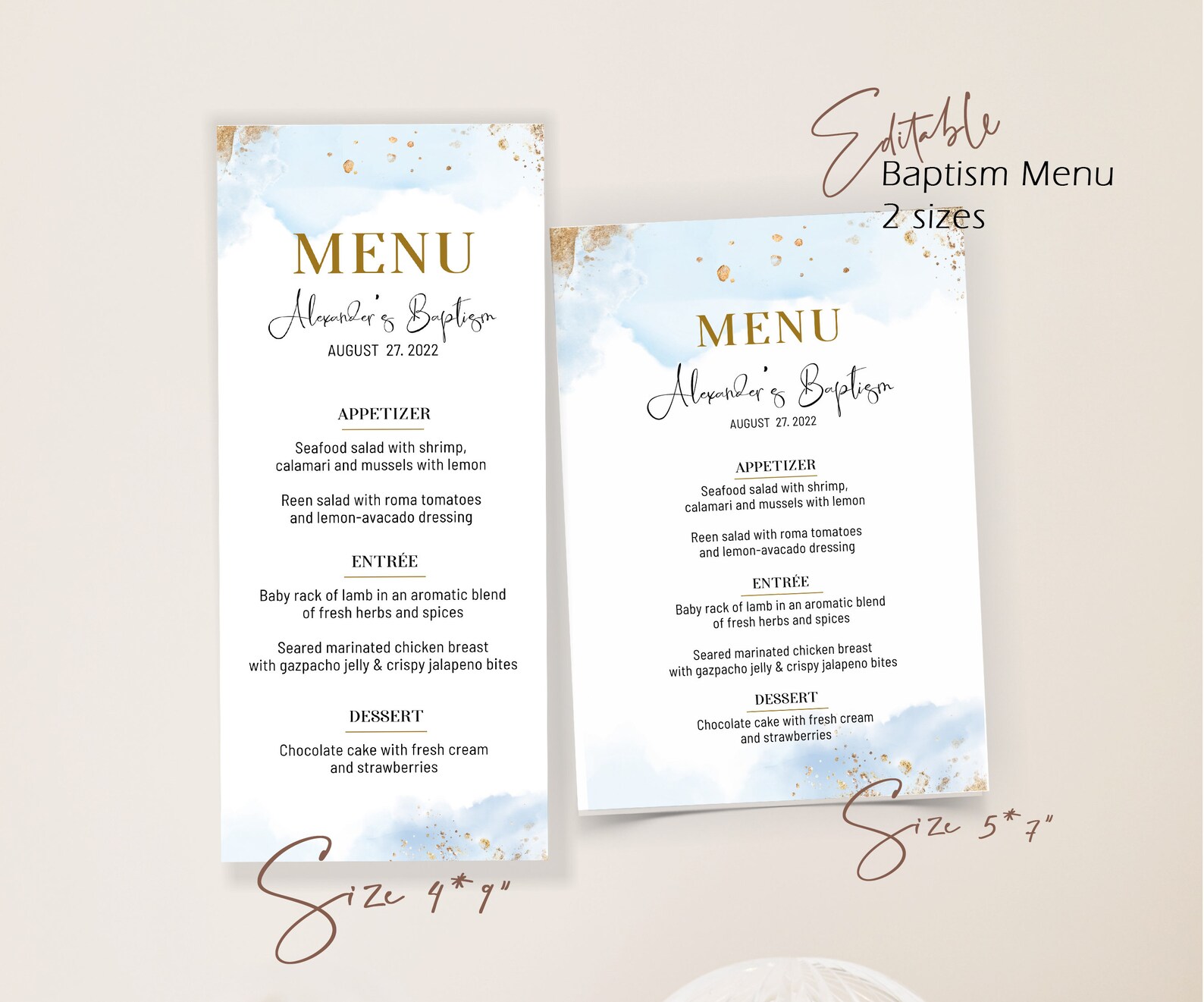 Blue Gold Baptism Menu Template, Light Blue Dinner Menu, Editable Blue ...