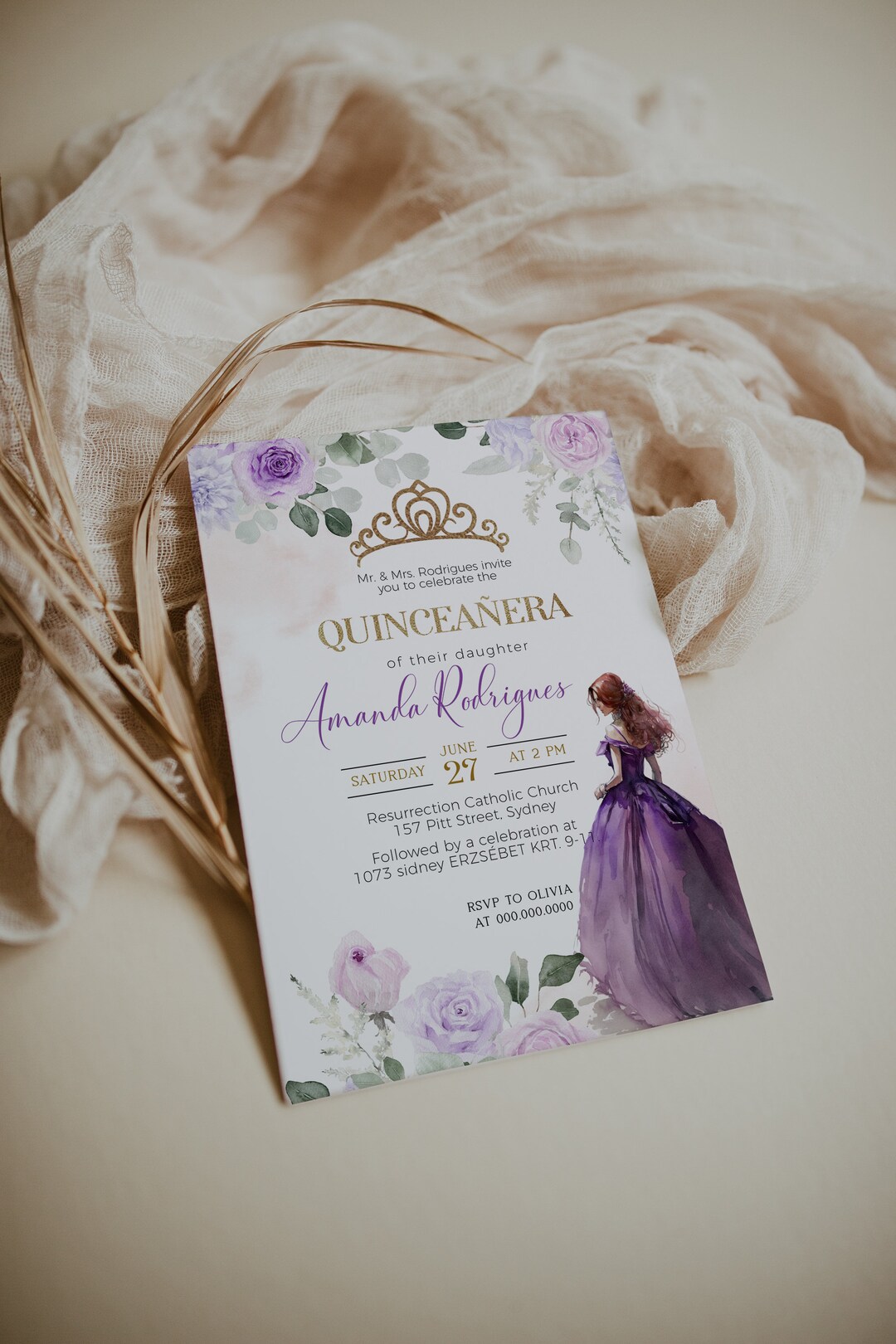 Purple Quinceañera Invitation Template, Lavender Quince 15th Birthday ...