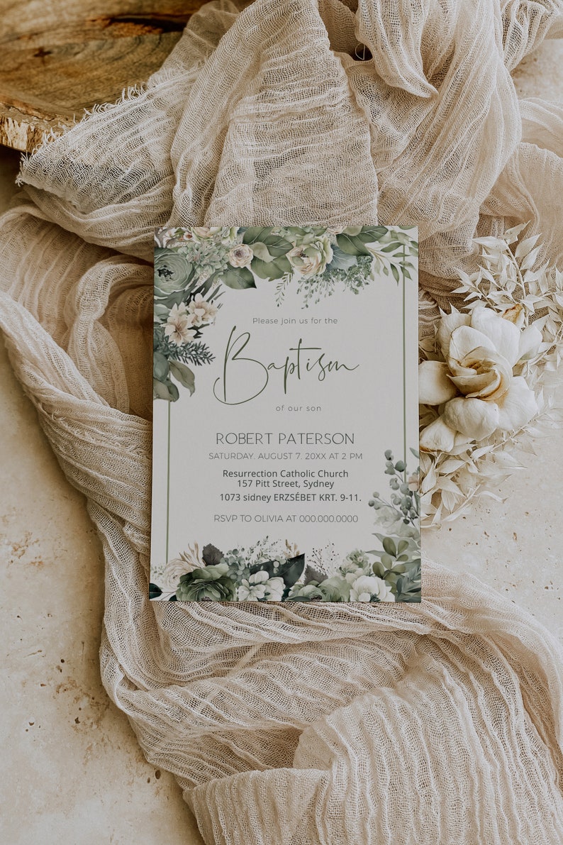 Sage Green Baptism Invitation Template Boho Sage Gender - Etsy