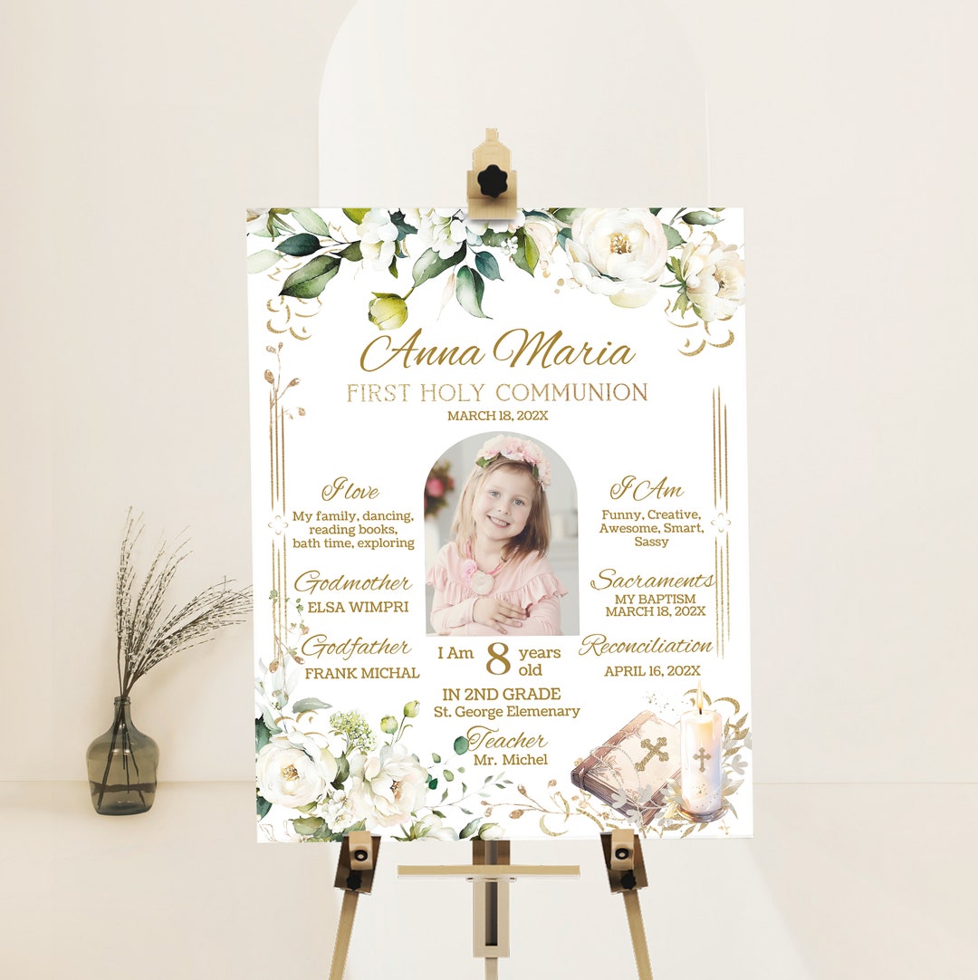 Floral Milestone Sign With Photo, White Peony, 1st Holy Communion Board ...