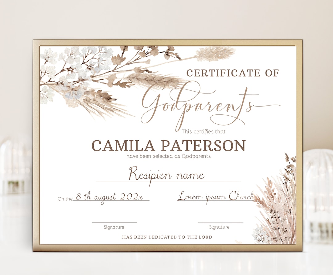 Pampas Grass Godparents Certificate Template, Editable Godparents ...