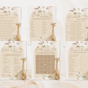 Boho Giraffe Baby Shower Games Bundle Template, Safari Baby Shower ...