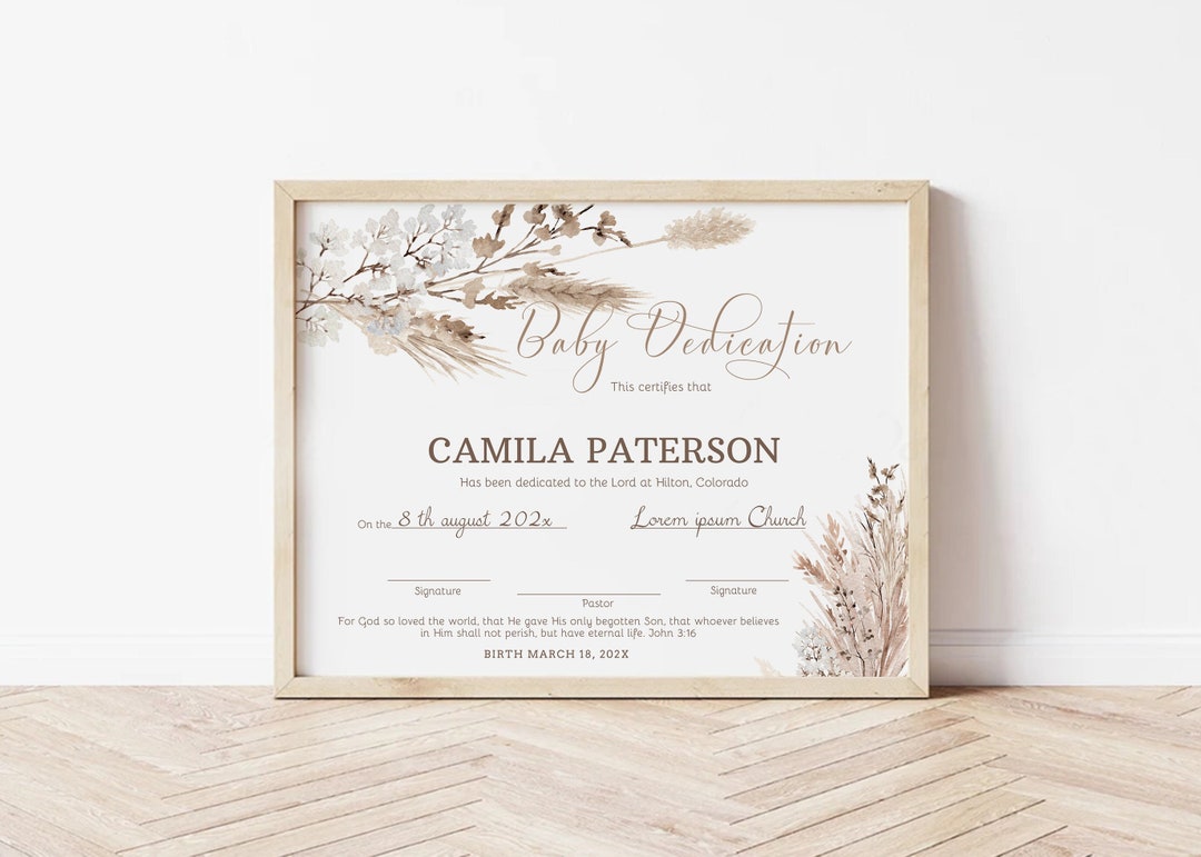 Boho Baby Dedication Certificate Template, Pampas Gras Dedication ...