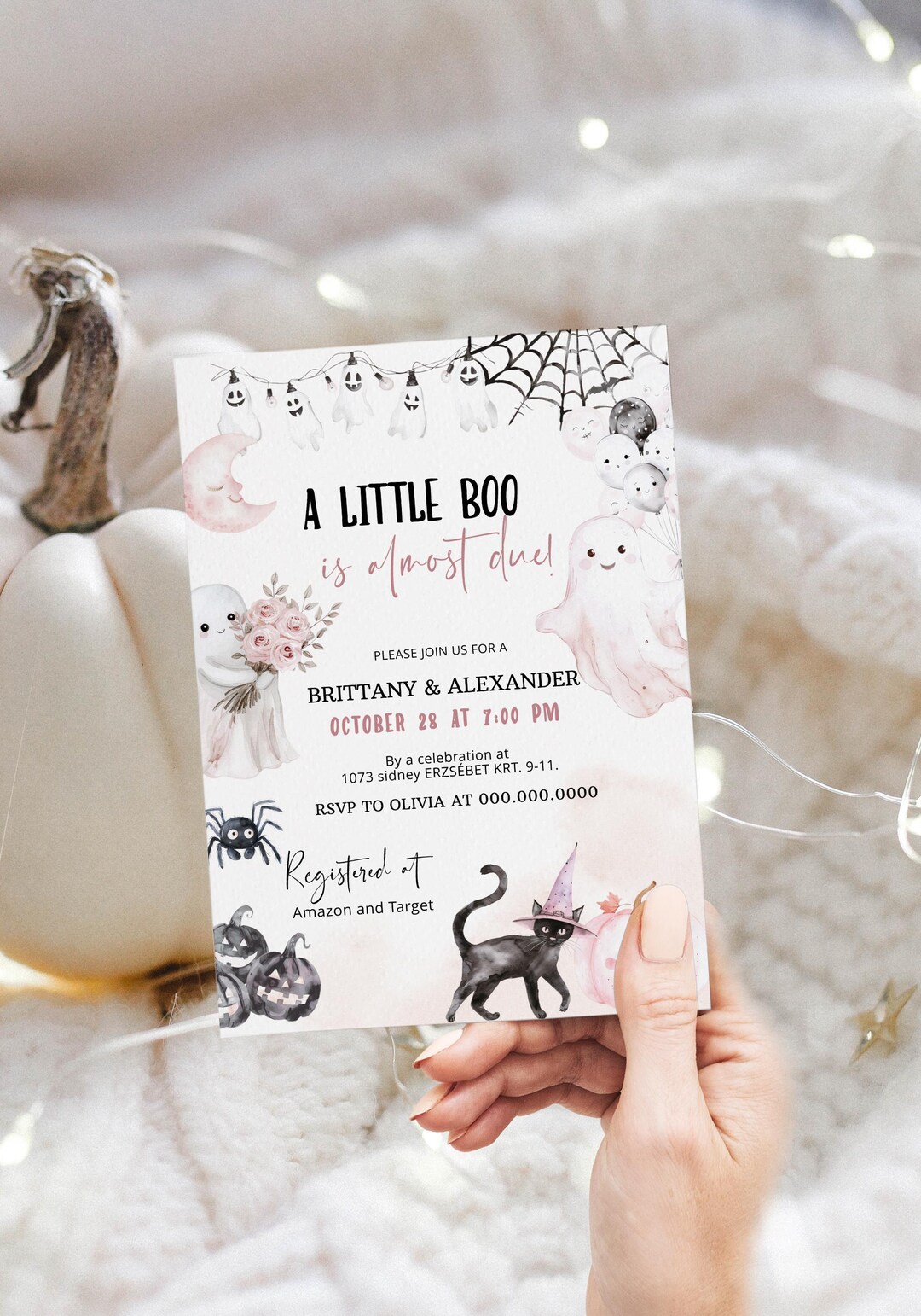 A Little Boo is Due Invitation Template, Cute Ghost Halloween Baby ...