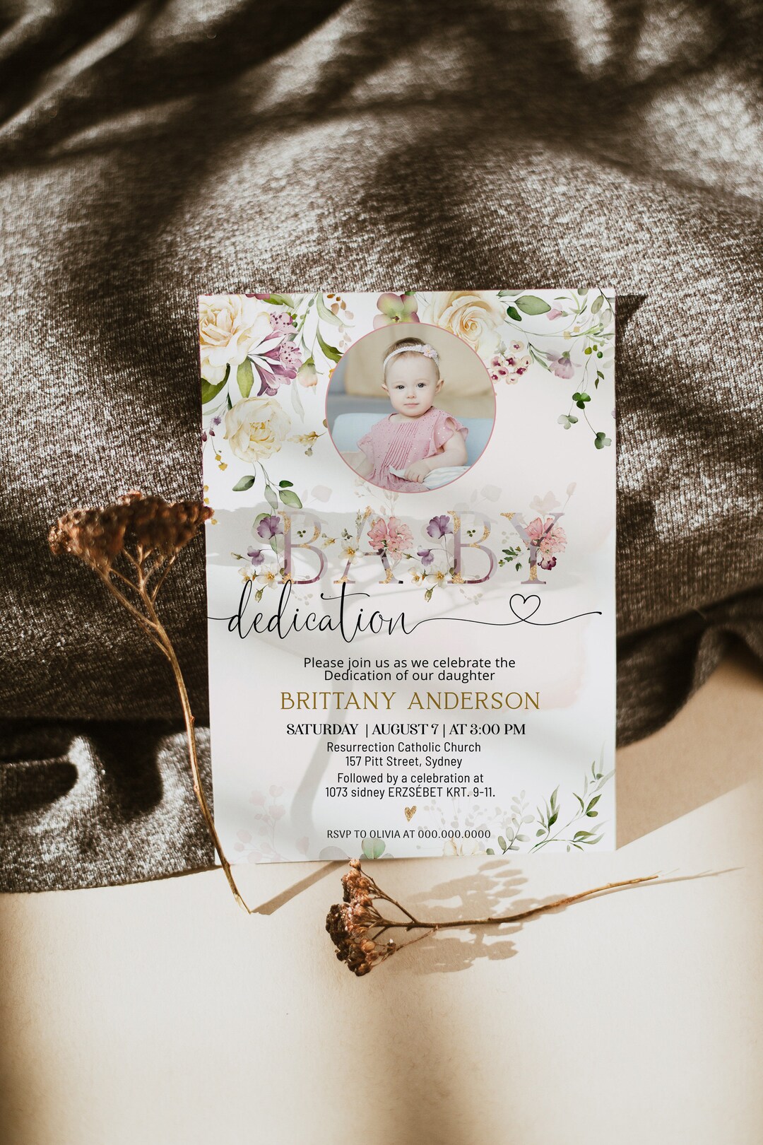 Wildflower Baby Dedication Photo Invitation, Flowers Dedication Invite ...