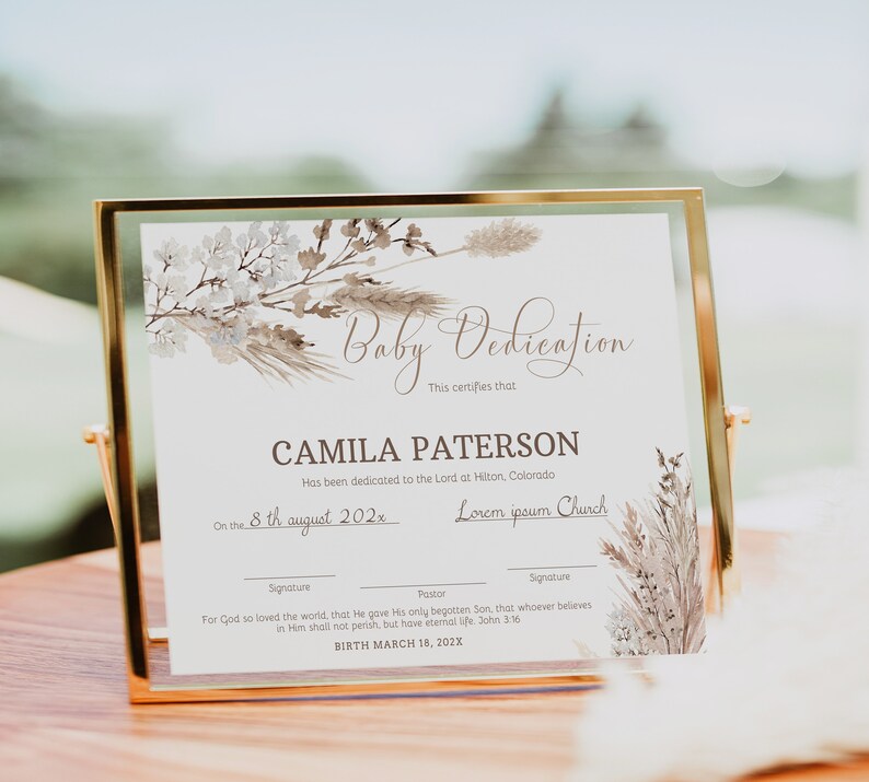 Boho Baby Dedication Certificate Template, Pampas Grass Dedication ...