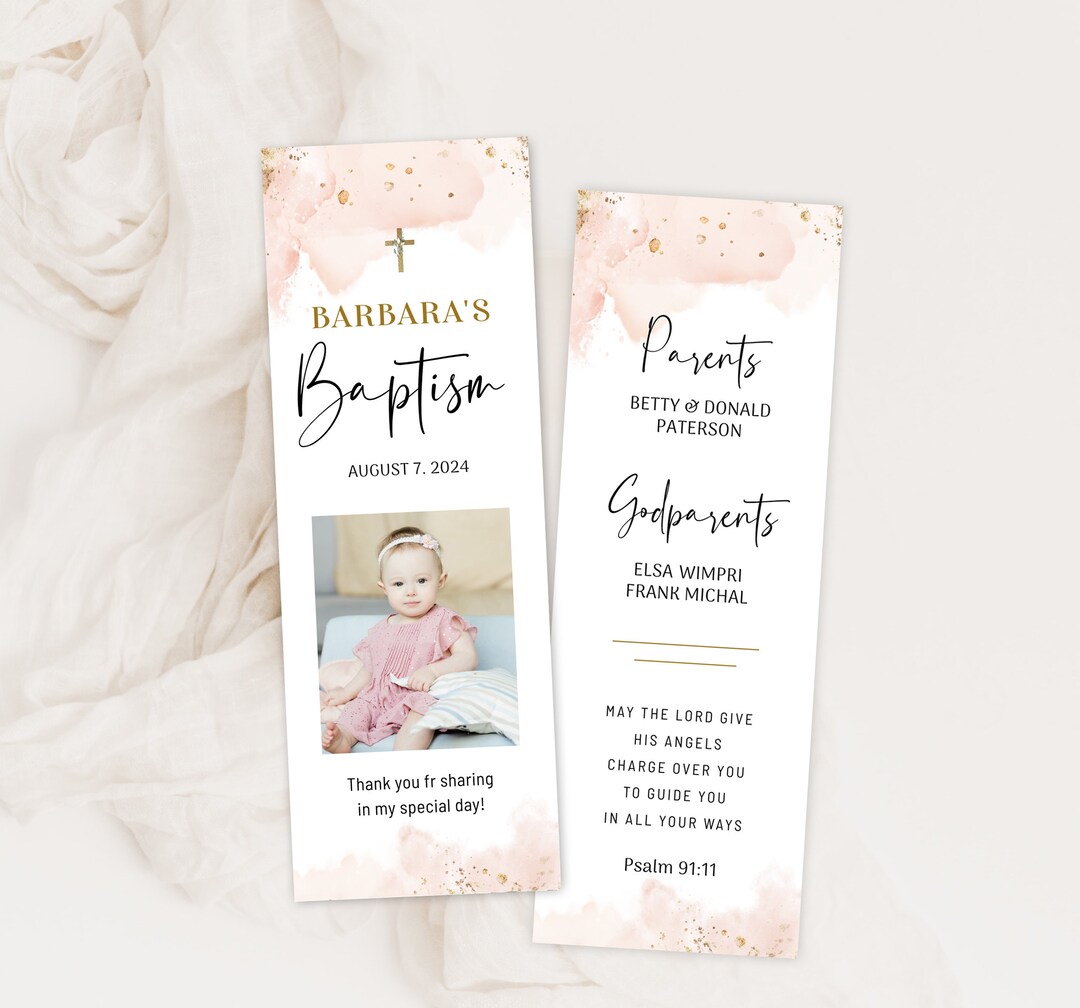 Pink Baptism Bookmark With Photo, First Communion Bookmark Template ...