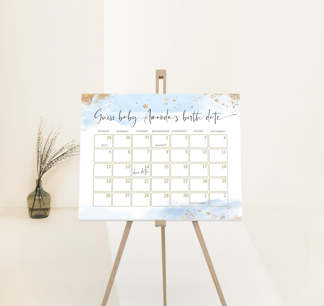 Blue Guess Baby's Due Date Calendar, Guess the Baby Birthday Game ...