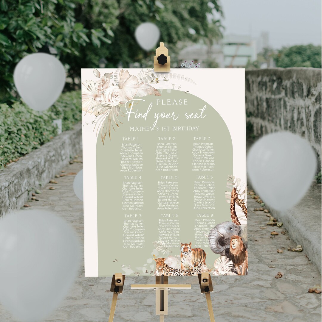 Safari Animals Seating Chart Template, Editable 1st Birthday Seat Plan ...