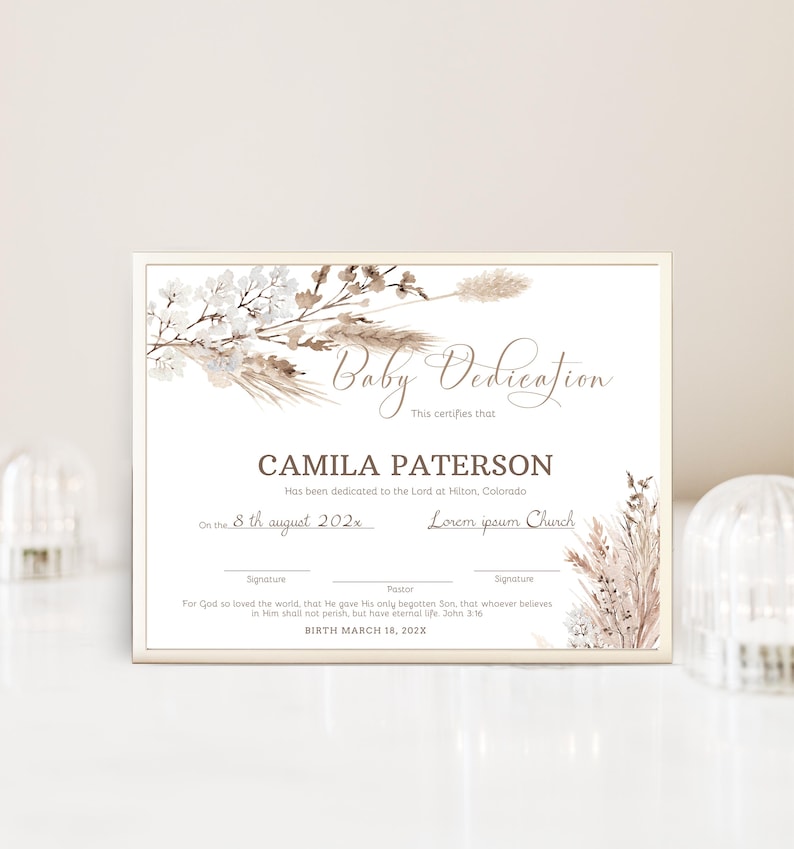 Boho Baby Dedication Certificate Template, Pampas Grass Dedication ...