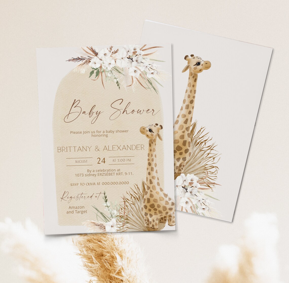 Boho Giraffe Baby Shower Invitation Boho Modern Pampas Grass - Etsy