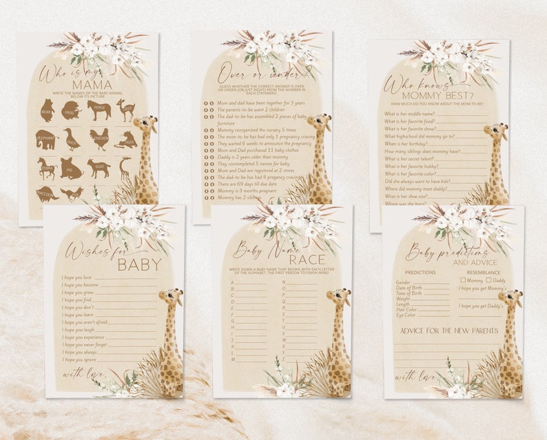 Boho Giraffe Baby Shower Games Bundle Template Safari Baby - Etsy