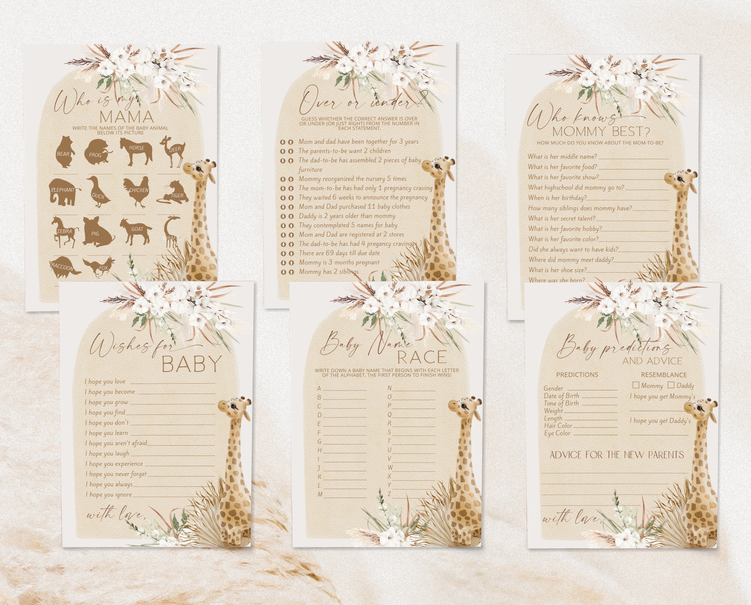 Boho Giraffe Baby Shower Games Bundle Template, Safari Baby Shower ...