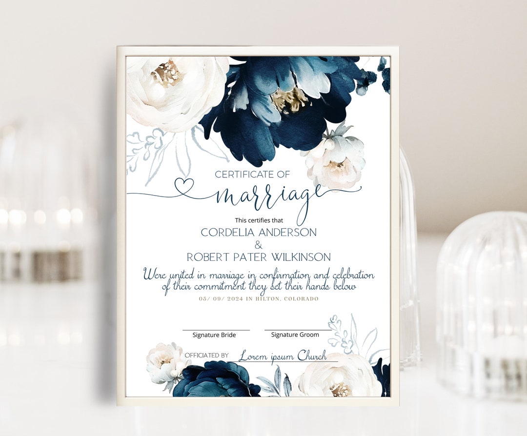 Editable Marriage Certificate Keepsake Template, Blue Flowers Wedding ...