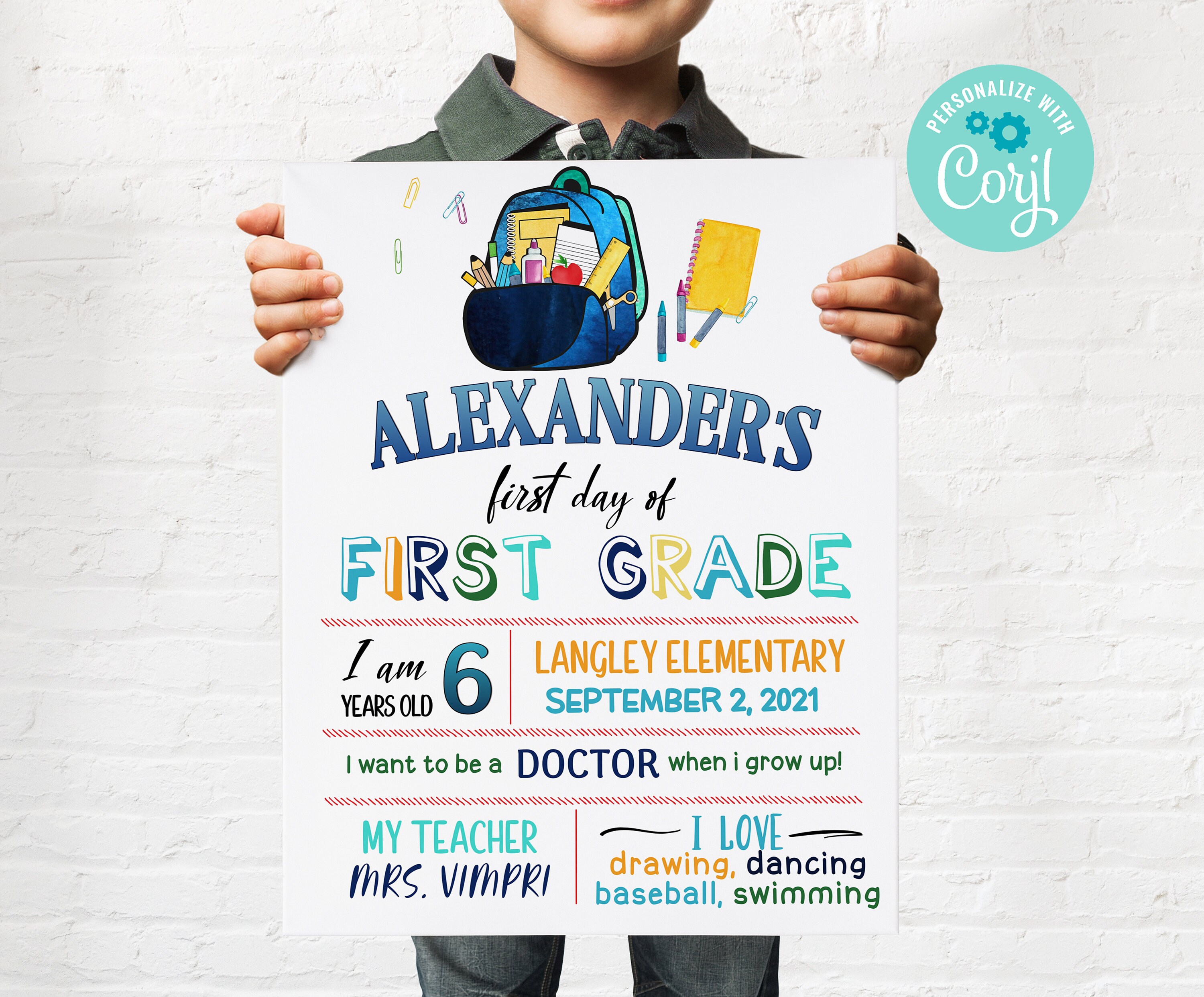 Editable First Day of First Grade Sign Boy 1st Day of School - Etsy
