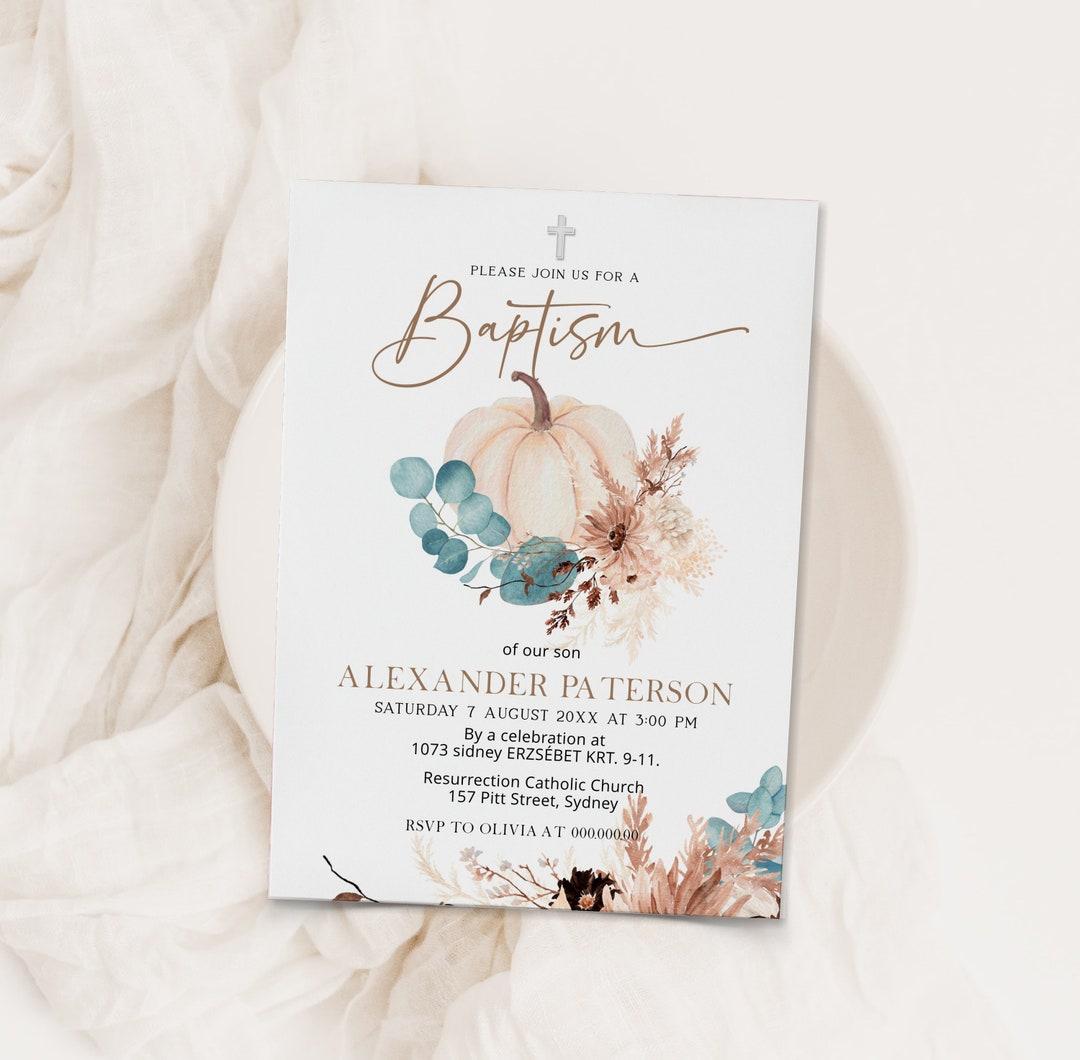 Blue Pumpkin Fall Baptism Invitation Template, Editable Christening ...