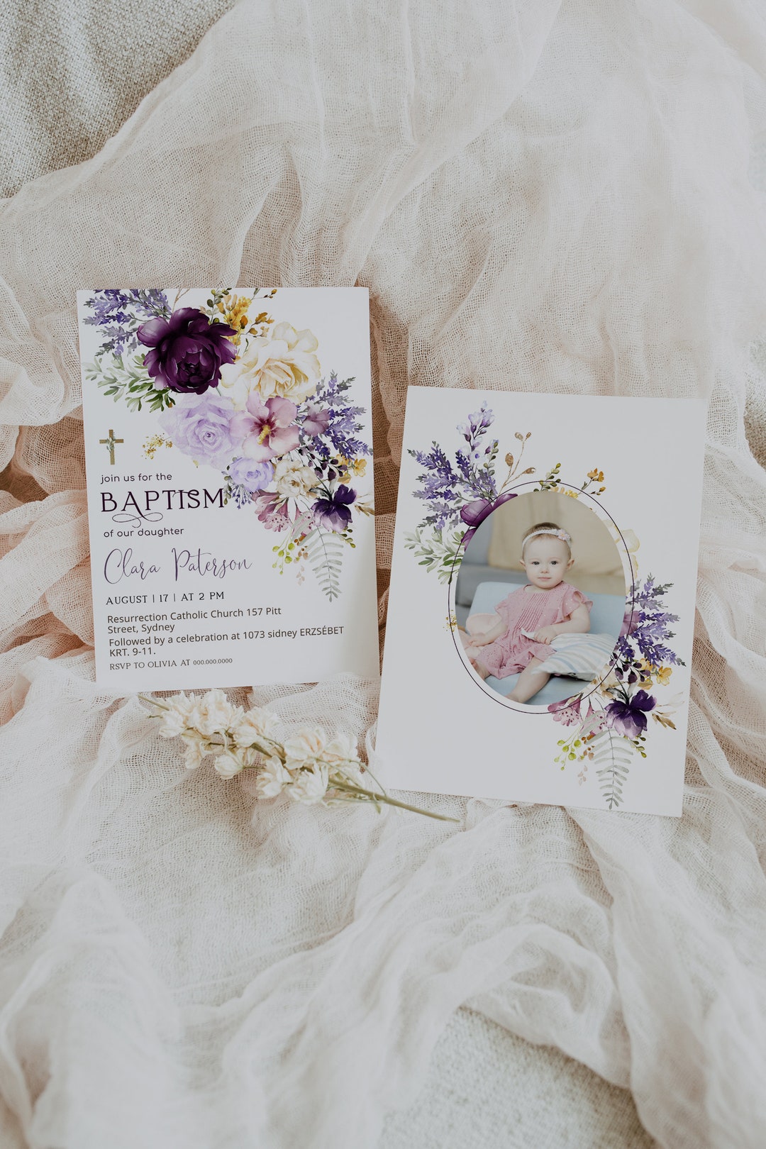 Boho Purple Baptism Invitation, Garden Flowers Baptism Invite, Editable ...