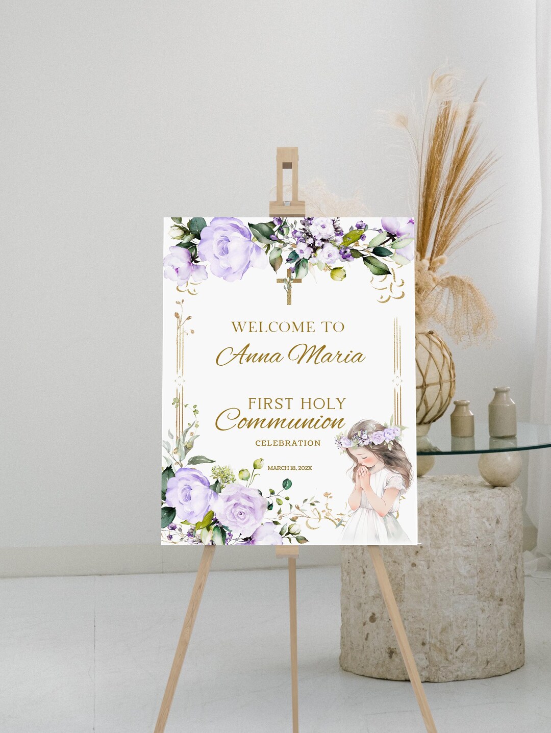 First Holy Communion Welcome Sign Template, Purple Gold First Holy ...