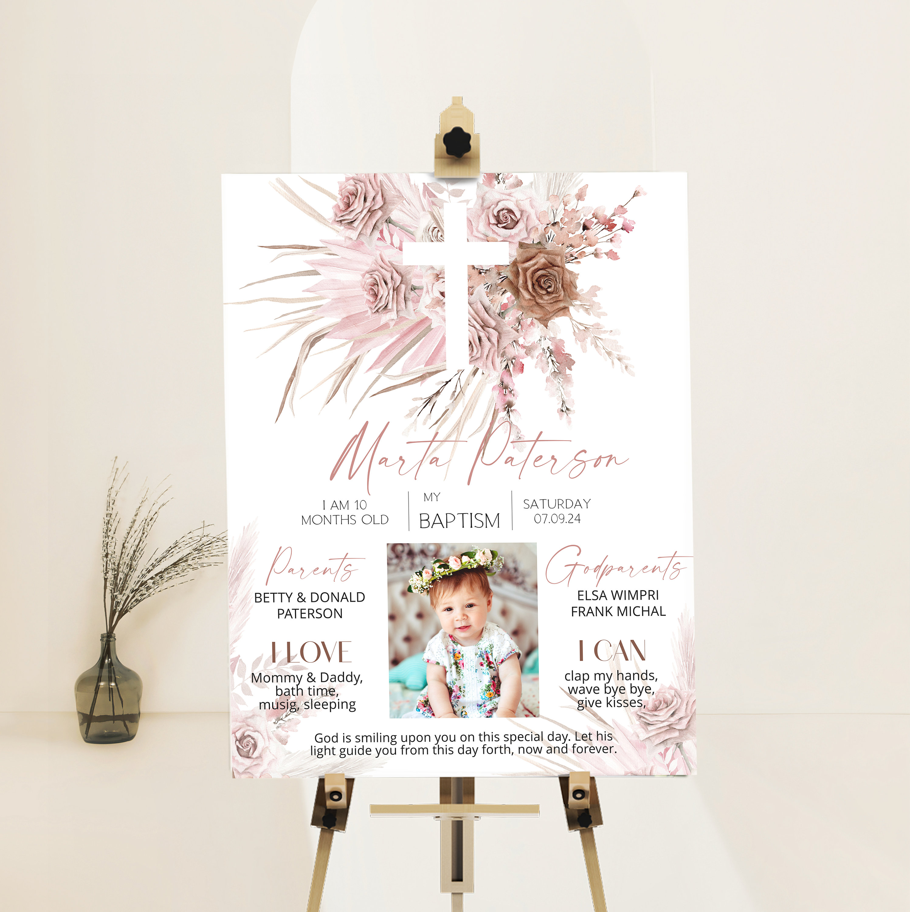 Pink Boho Baptism Milestone Photo Pampas Grass Baptism - Etsy