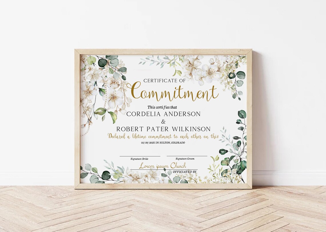 Editable Certificate of Commitment, Greenery Certificate Keepsake ...